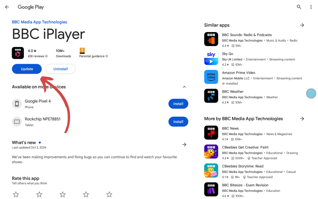 Troubleshooting - Updating the BBC iPlayer app